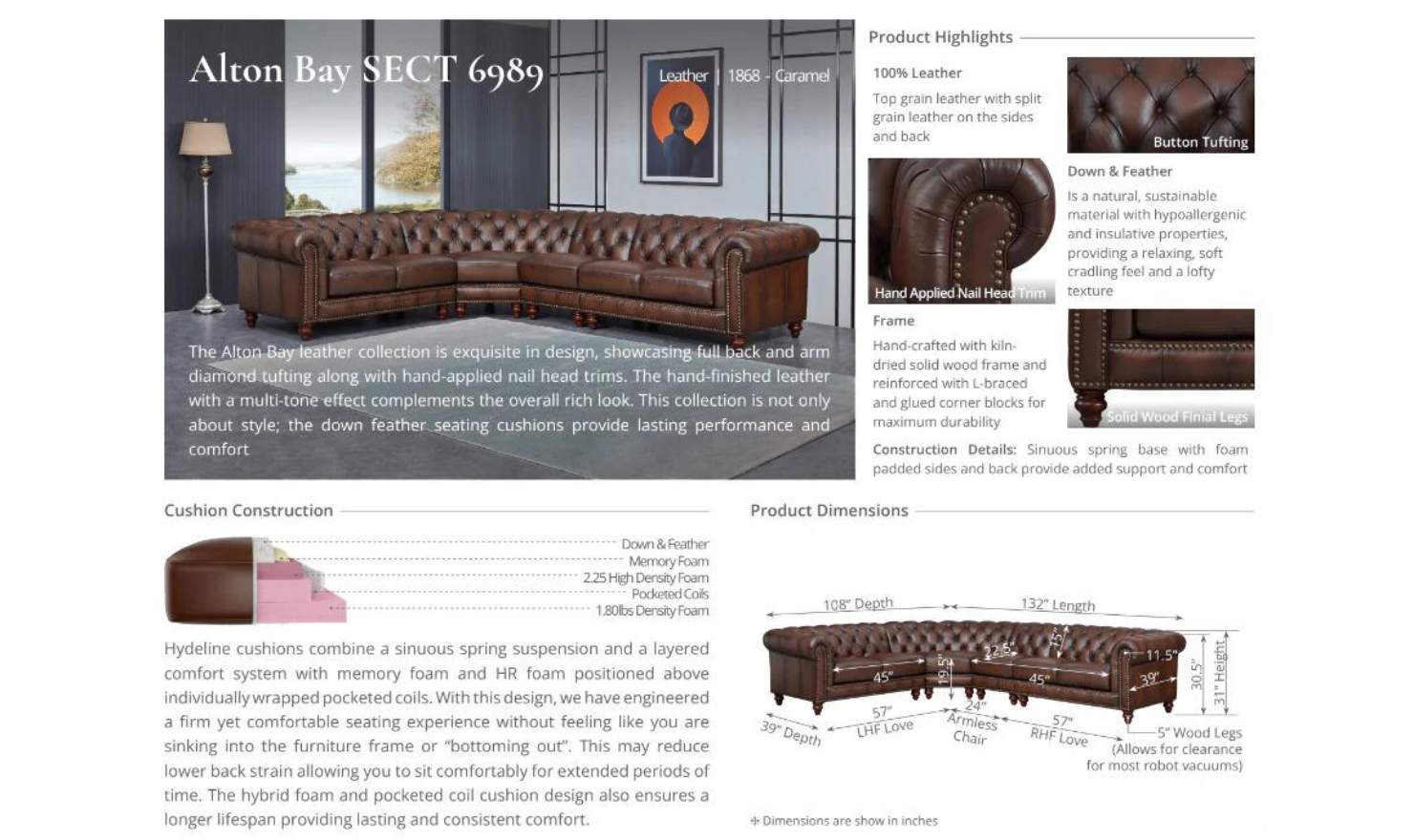 Alton Bay Leather Sectional Sofa In Caramel Brown with Nailhead Finish ...