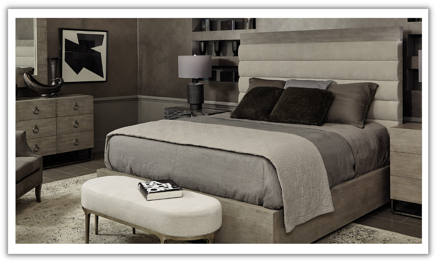 Bernhardt's Linea Gray Channel Tufted Wood Bed Upholstered in Fabric ...