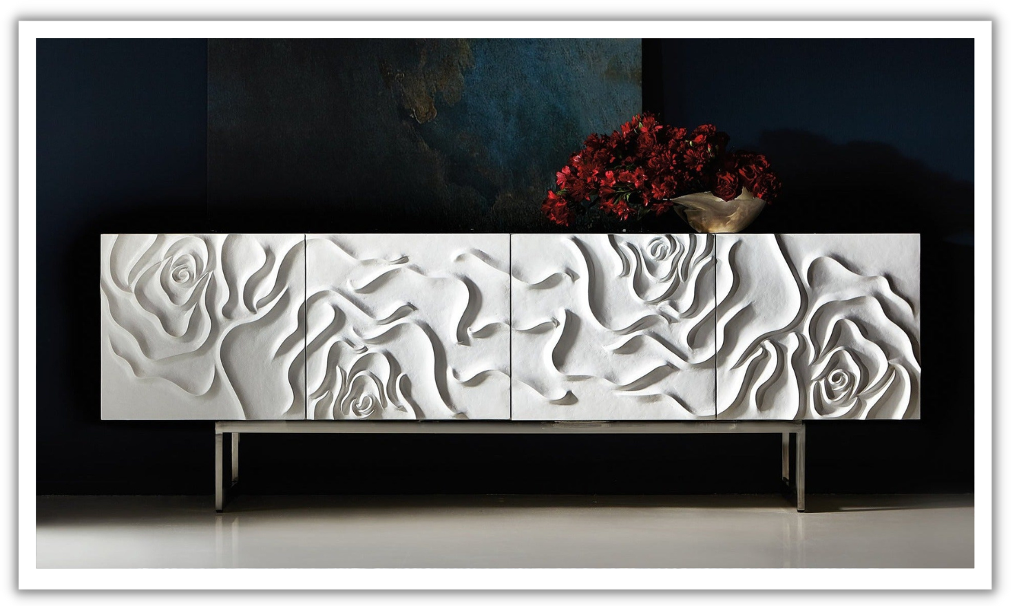Penrose Wood Buffet in White Plaster Finish with Stainless Steel Base ...