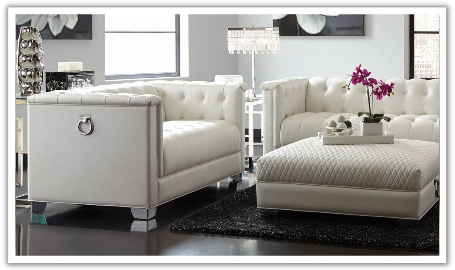 Coaster Furniture Chaviano Tufted Leather Tuxedo Arm Loveseat in White ...