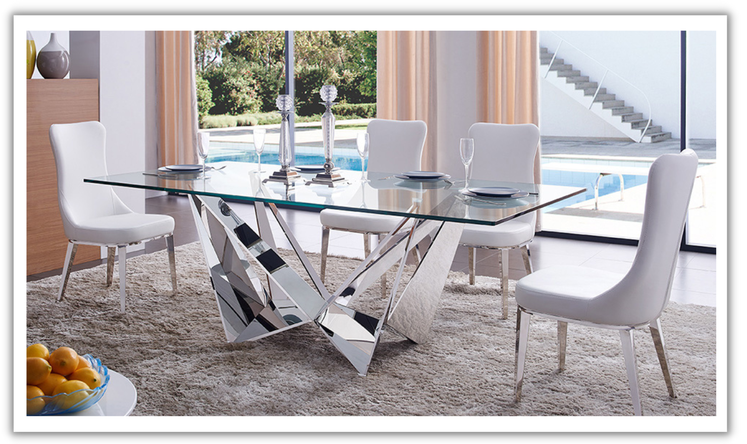 ESF Italia Arabella Glass Top Dining Table with Stainless Steel Base ...