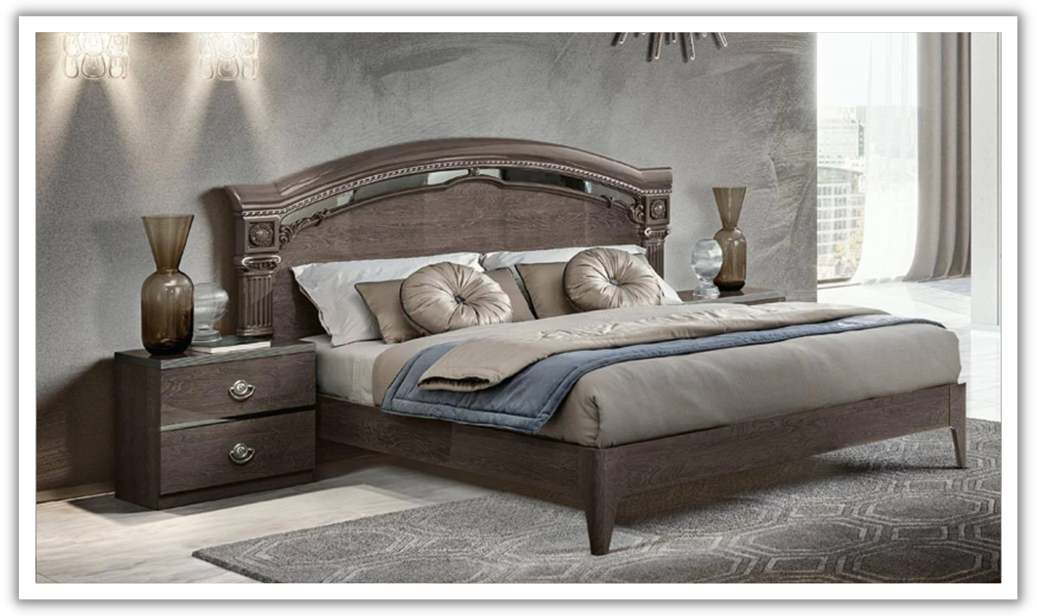 ESF Italia Nabucco Wooden Brown Queen Size Bed with High Gloss Lacquer ...