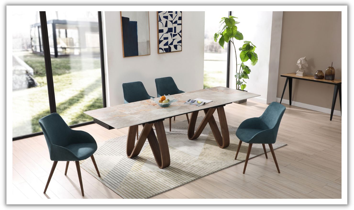 ESF Italia Bruno 4-Seater Dining Set with Linden Blue Upholstered Chai ...