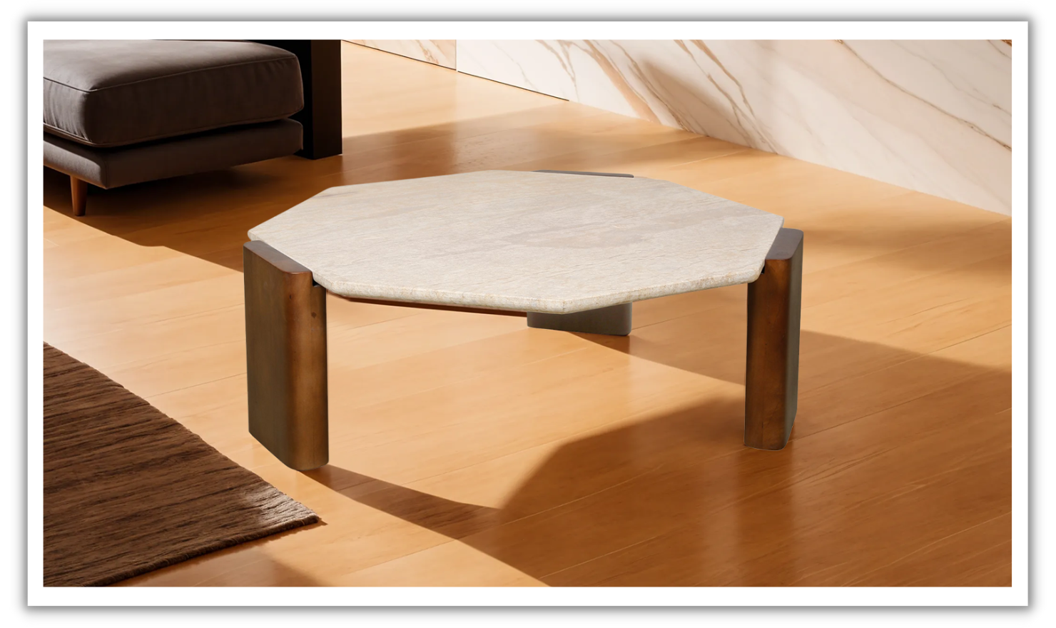 HTD Breton Octagonal Brown Coffee Table with Travertine Top in Walnut ...