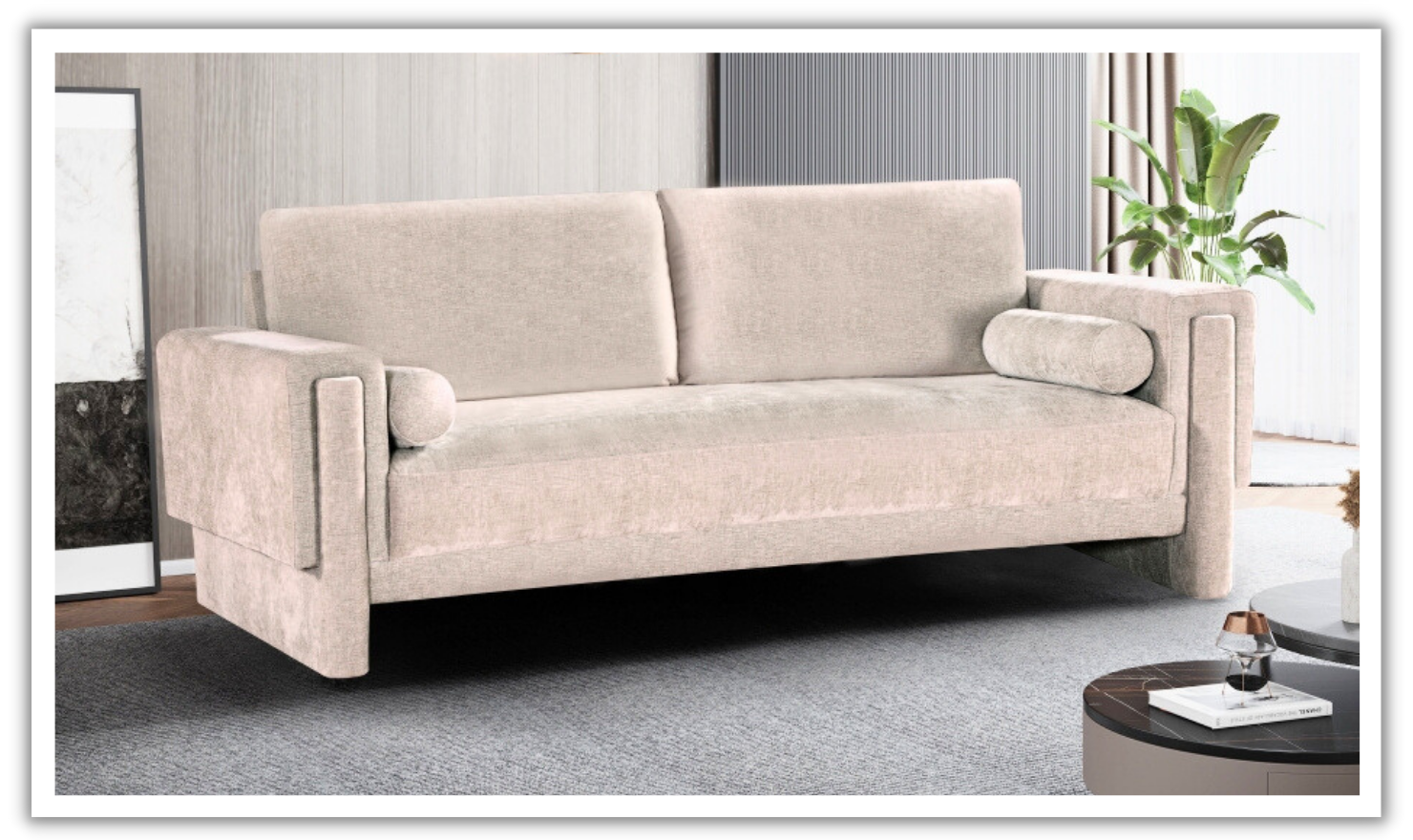 Meridian Furniture Madeline Chenille Fabric Sofa With Bolster Pillows ...