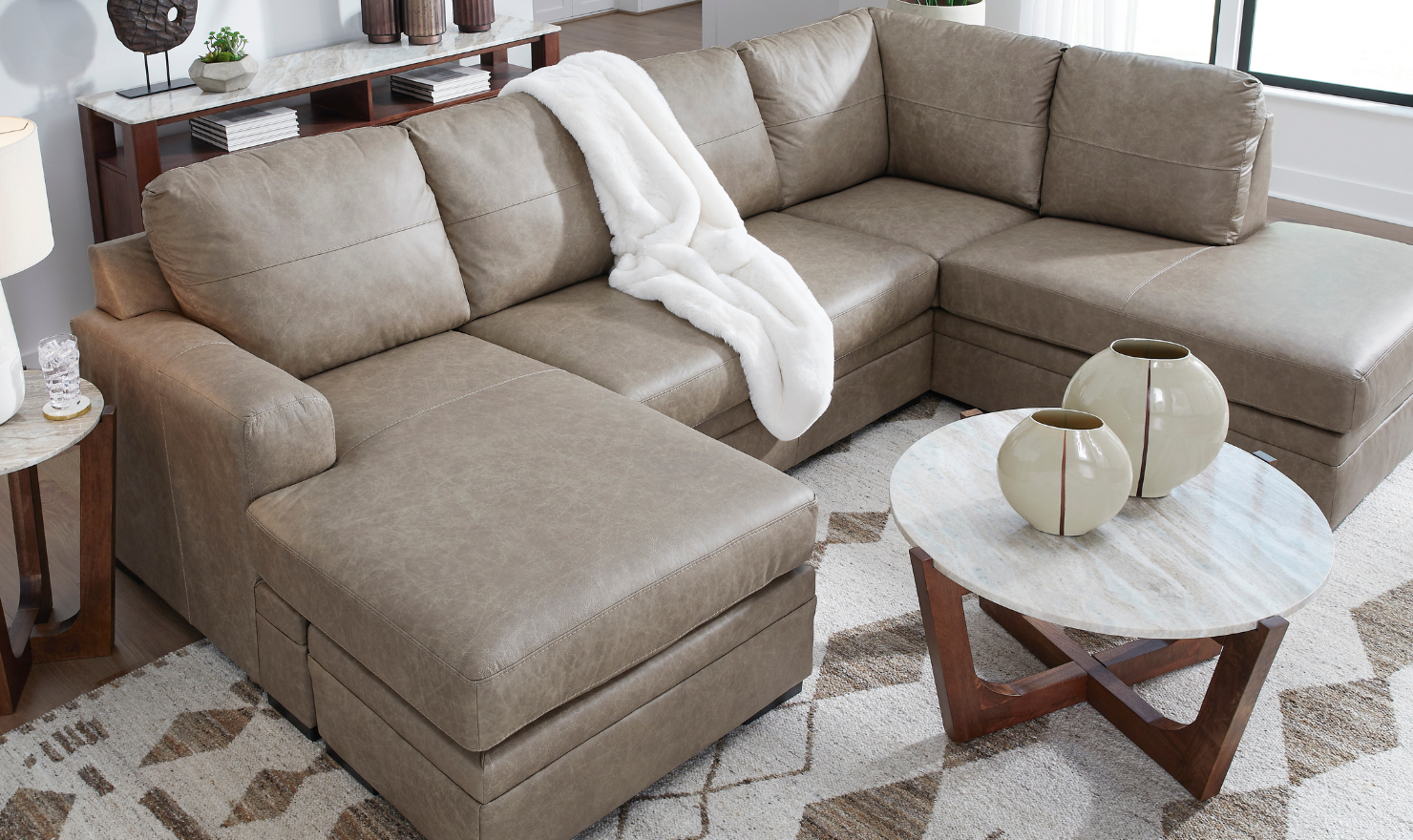 Modern Heritage Amuleto 2-Piece Brown Leather Sectional Sofa with Chai ...