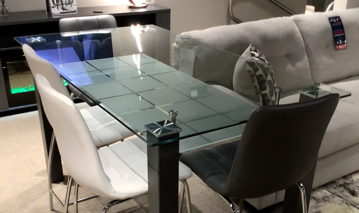 Napa Counter Height Glass Table with 2 white stools and 2 grey stools ...