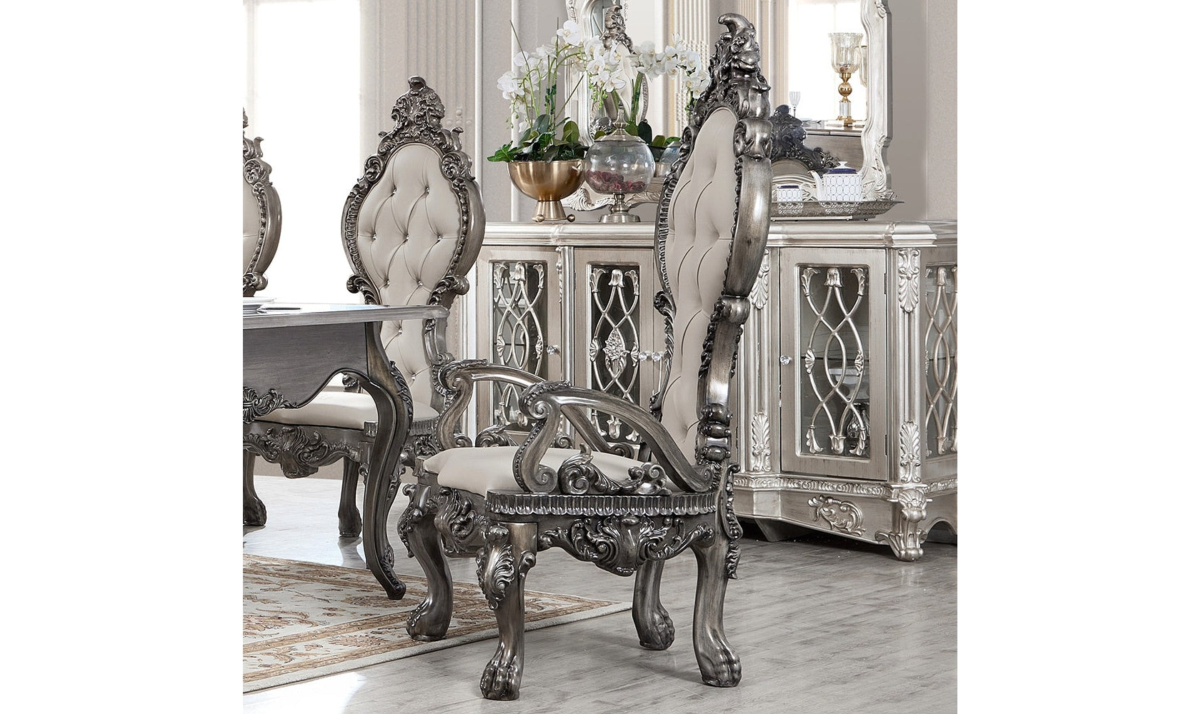 Homeydesign Dayvonna Upholstered Dining Armchair in Antiqued Silver Fi ...